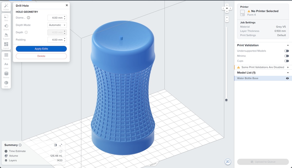Adding holes to models in PreForm
